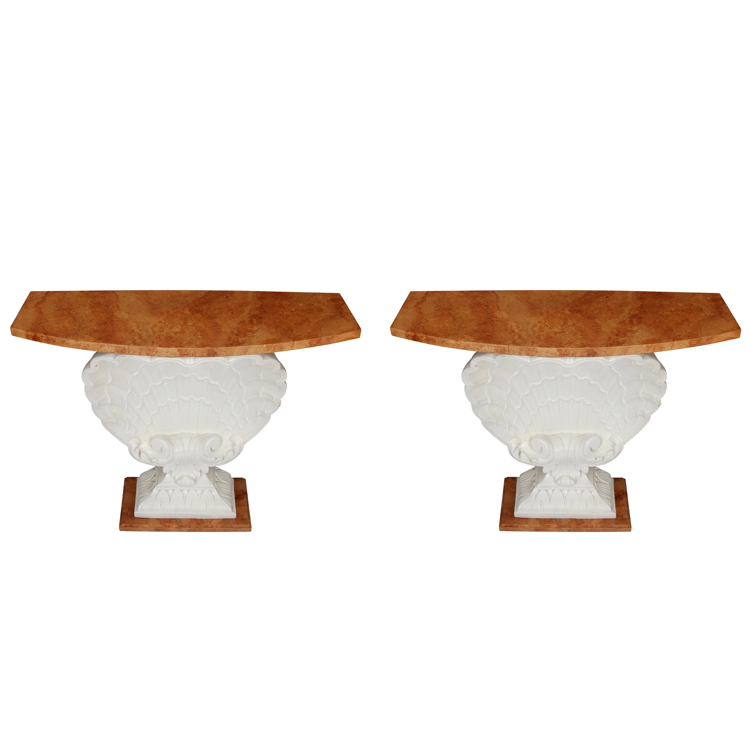 PAIR OF VINTAGE FAUX MARBLE SHELL BASE CONSOLES