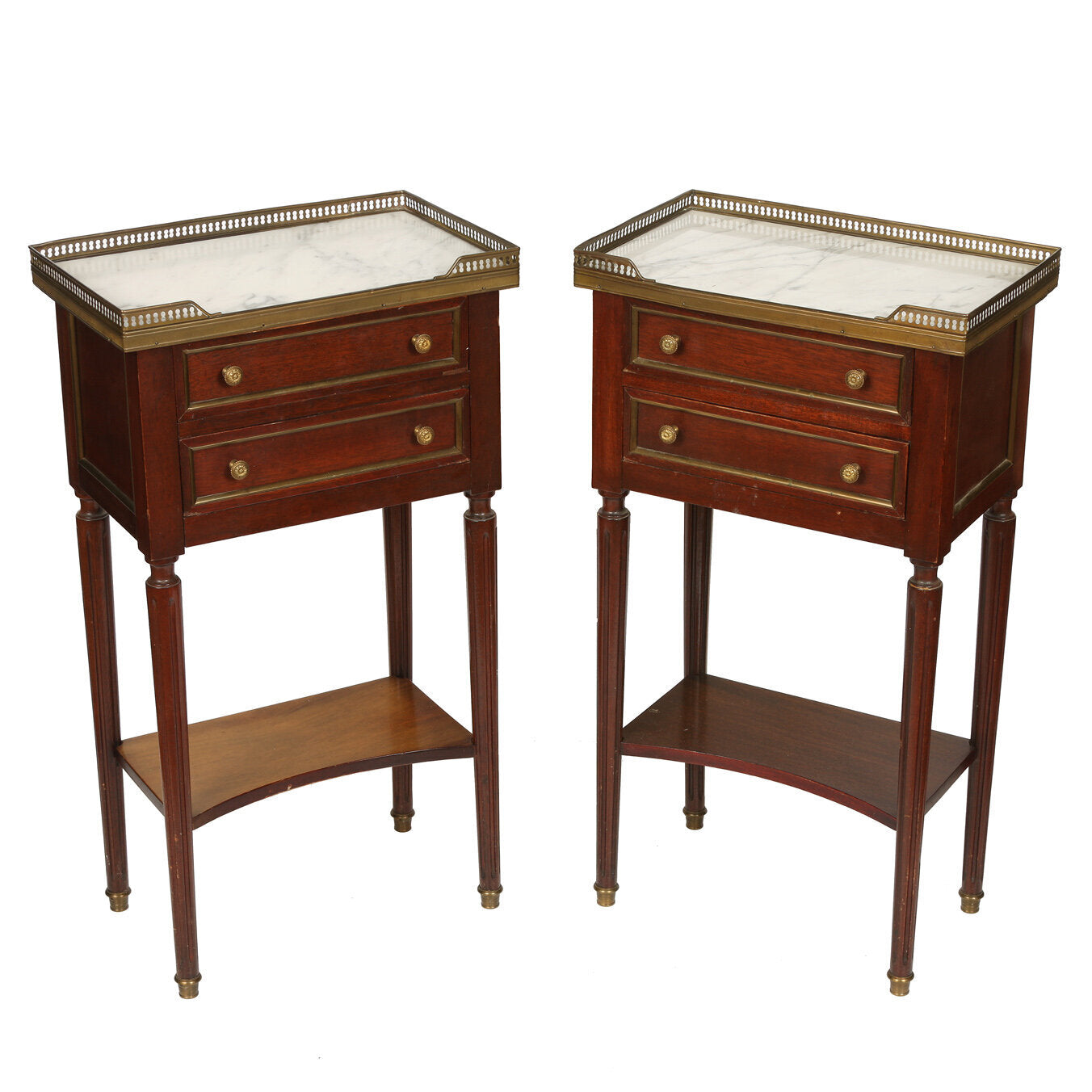PAIR OF LOUIS XVI STYLE MARBLE TOP NIGHT TABLES WITH PIERCED BRASS GAL